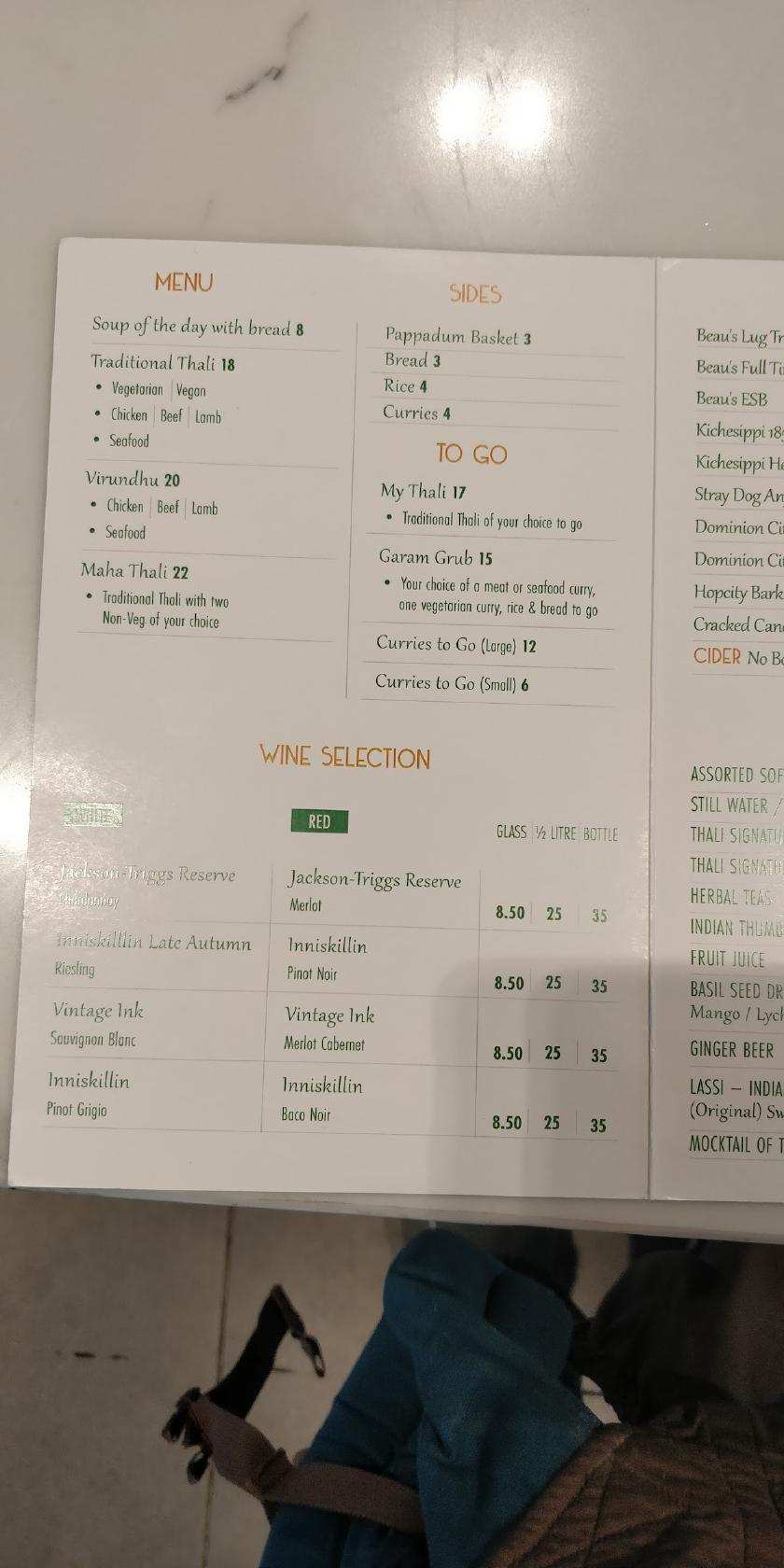 Menu at Thali restaurant, Ottawa