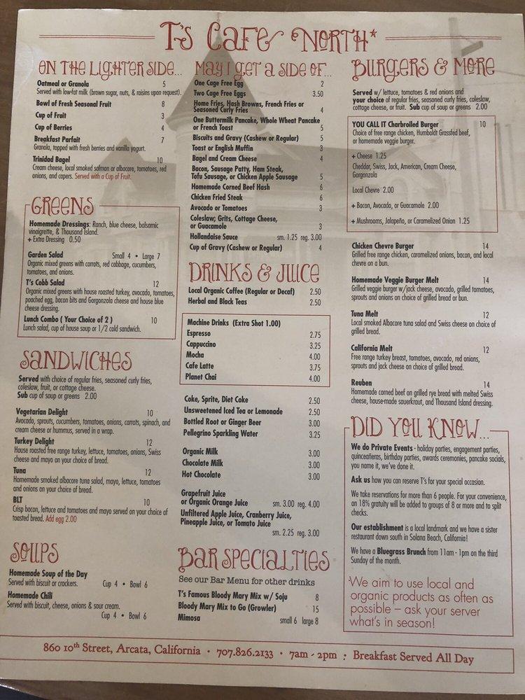 Menu at T's Cafe North, Arcata