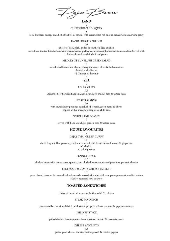 Menu at Deja Brew restaurant, Great Yarmouth