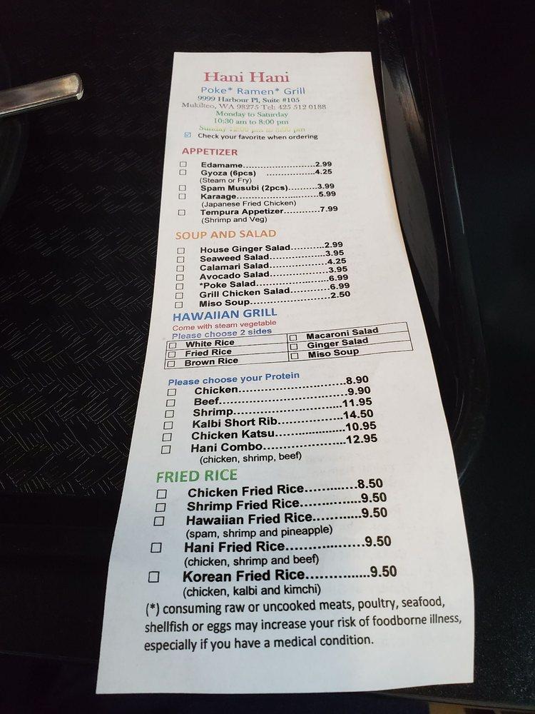 Menu at Hani Hani restaurant, Mukilteo