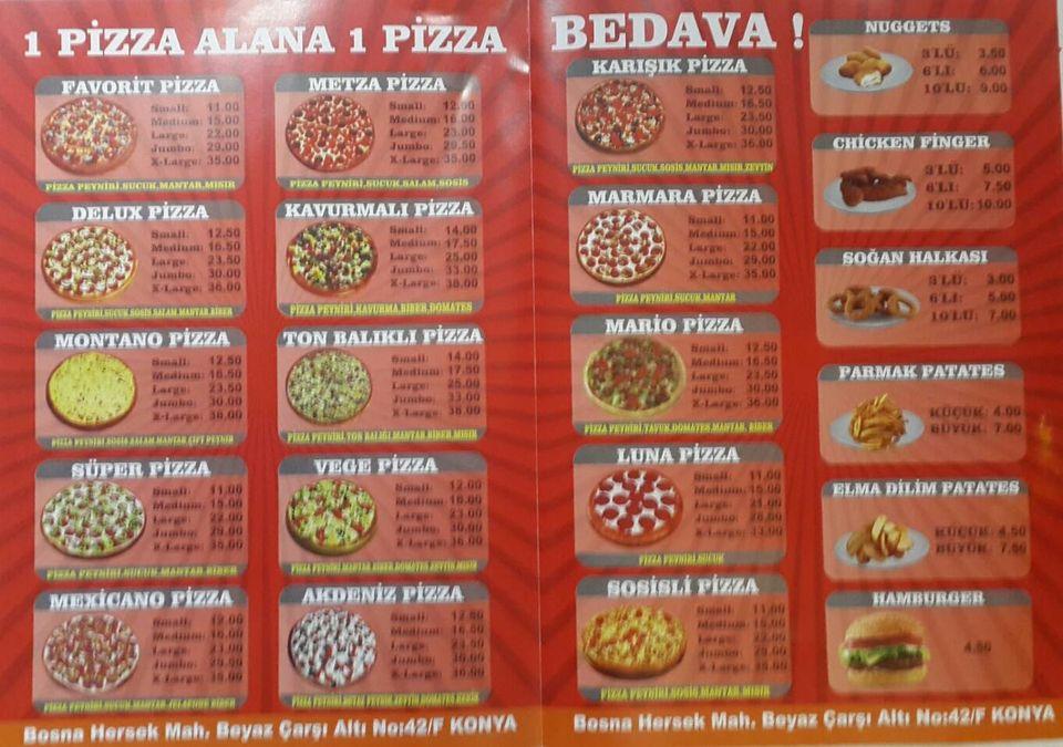 Menu at Pizza Mario, Konya, Bosna Hersek Mahallesi Beyaz Çarşı Altı No:42/F