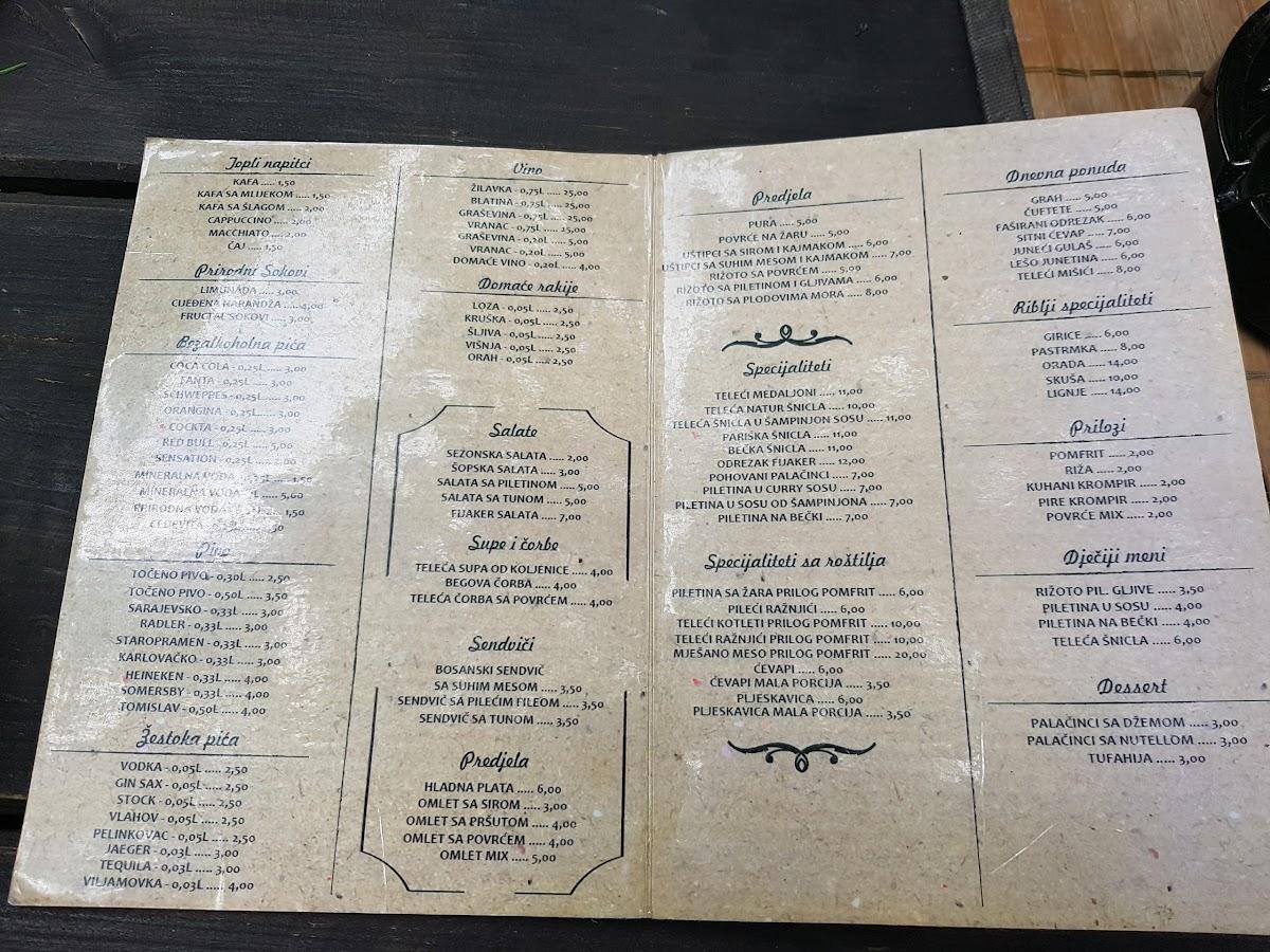 Menu at Fijaker Ilidža restaurant, Sarajevo, IV viteške brigade 46