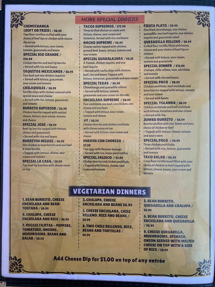 Menu at Rio Grande restaurant, La Vale, National Hwy