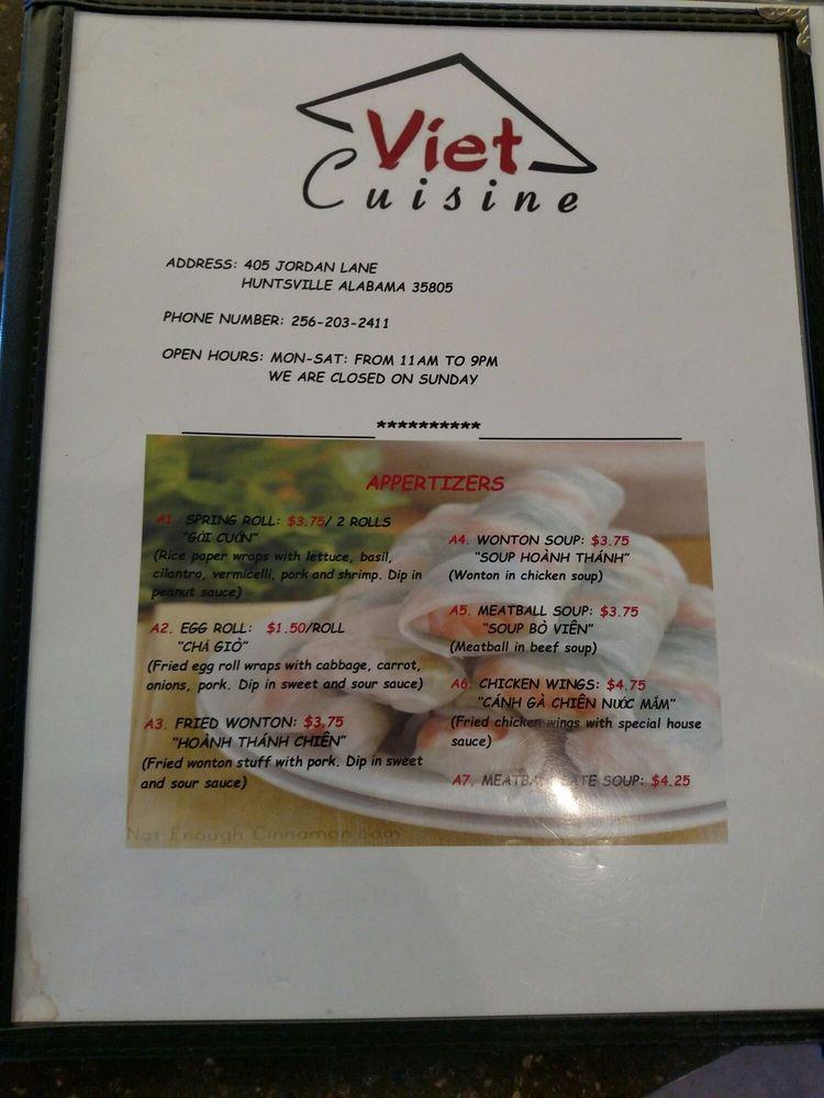 Menu at Viet Cuisine restaurant, Huntsville