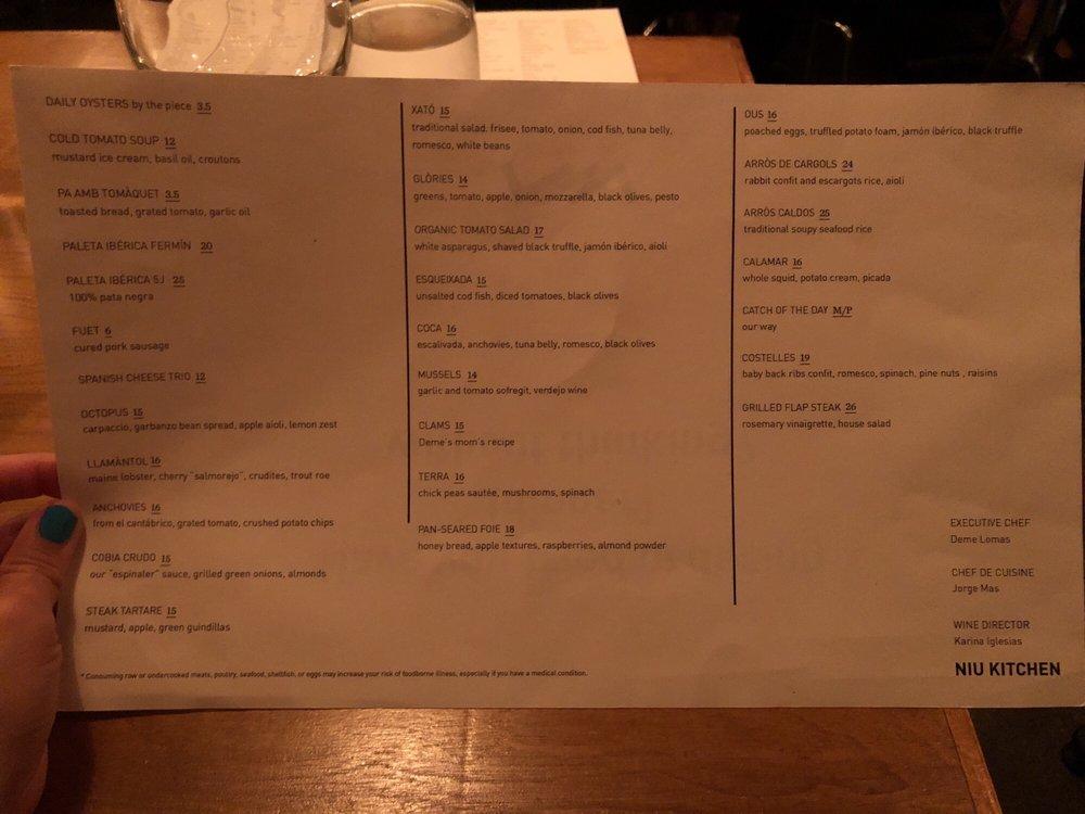 Menu at niu kitchen restaurant, Miami