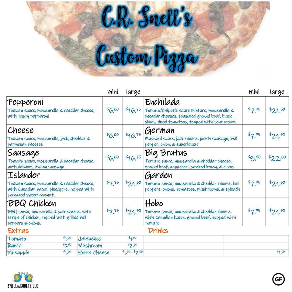Menu at C. R. Snell's Custom Pizza pizzeria, Woodburn