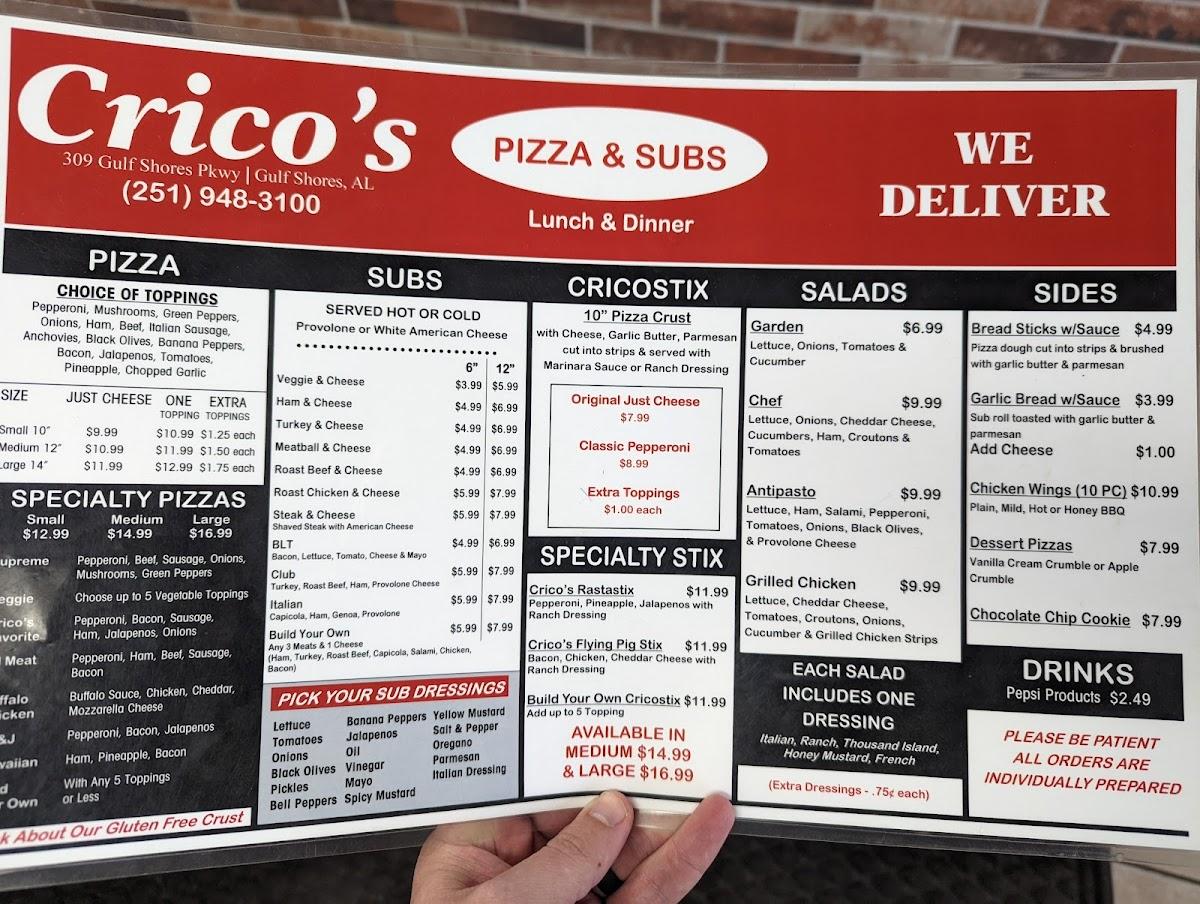 Menu at Crico's Pizza & Subs pizzeria, Gulf Shores