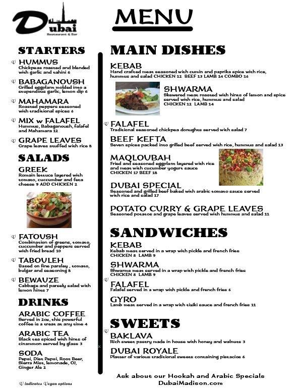 Menu at Dubai Mediterranean Restaurant and Bar, Madison