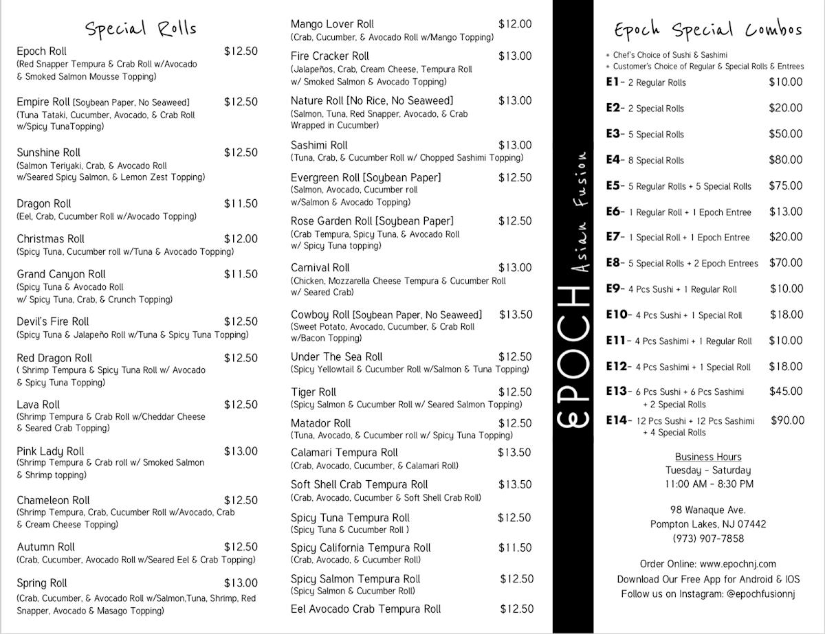 Menu at Epoch Asian Fusion restaurant, Pompton Lakes