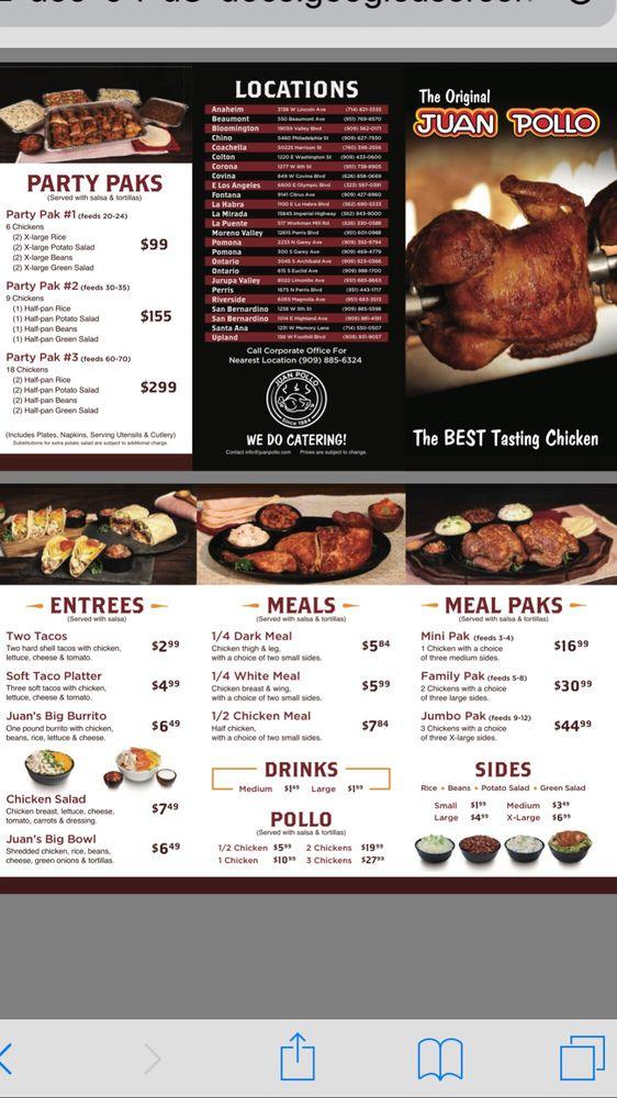 Menu at Juan Pollo restaurant, Corona, W 6th St