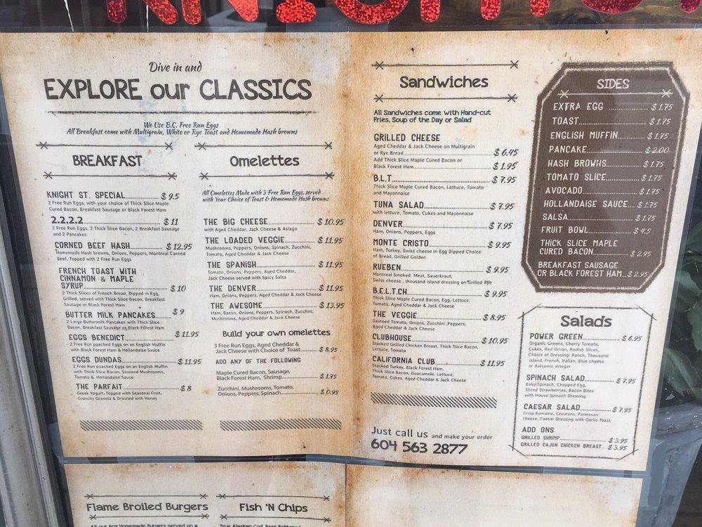 Menu at Knight Street Cafe, Vancouver