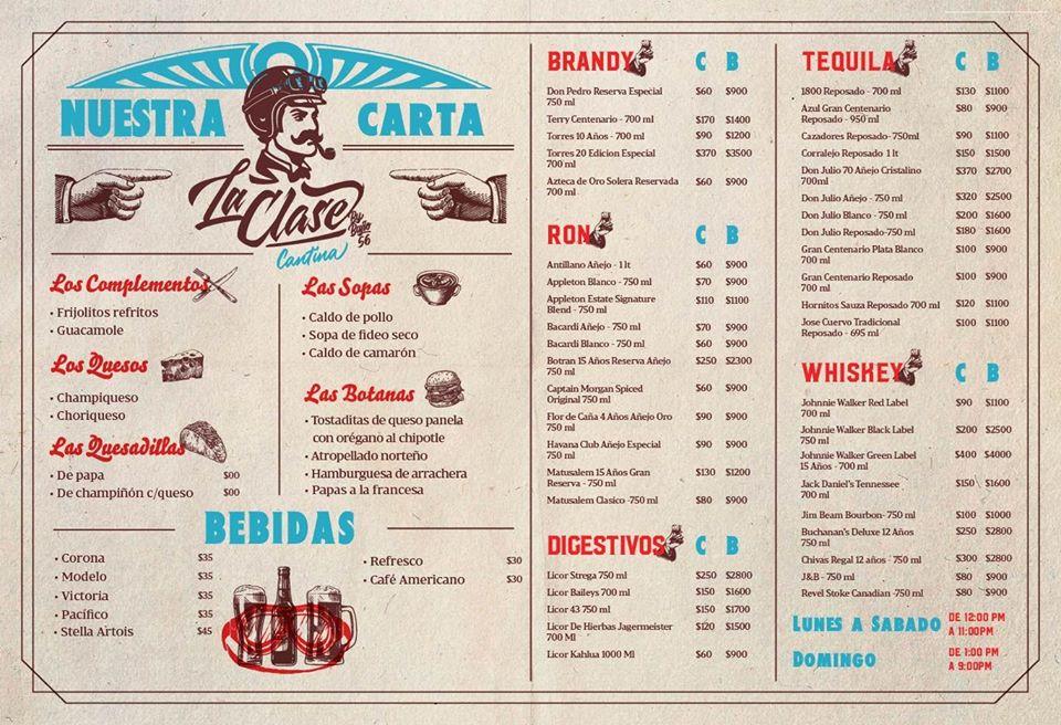 Menu at La Clase pub & bar, Mexico City