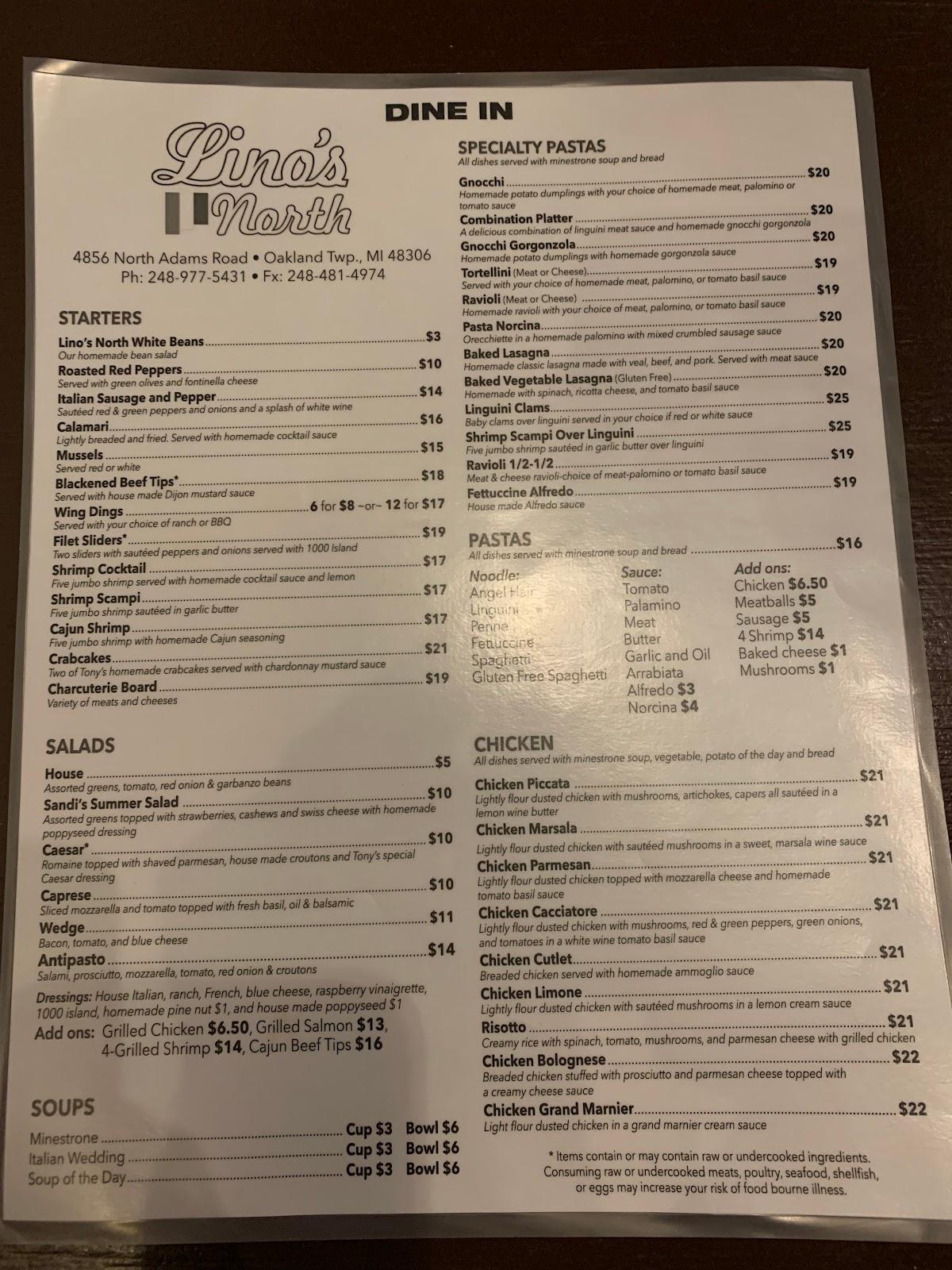 Menu at Lino's North steakhouse, Oakland charter Township