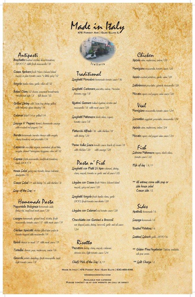 Menu at Made In Italy Trattoria restaurant, Glen Ellyn, 476 Forest Ave