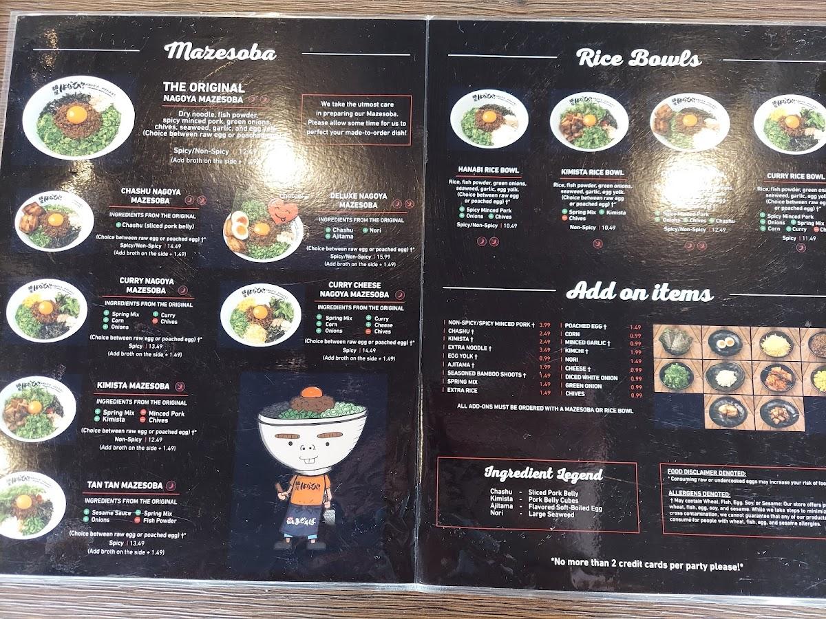 Menu at Menya Hanabi - The Original Nagoya Mazesoba restaurant, Arcadia