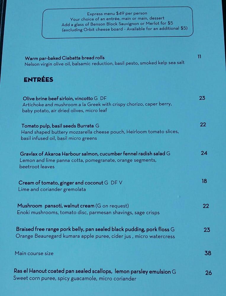 Menu at Orbit 360° Dining restaurant, Auckland
