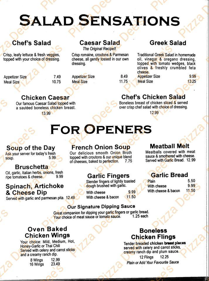 Menu at Pizza Dee's pizzeria, Wasaga Beach