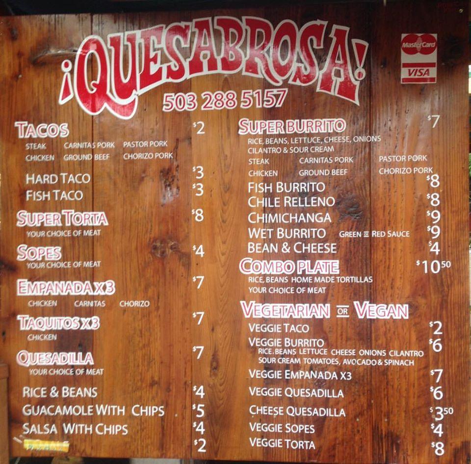 Menu at Quesabrosa restaurant, Portland, N Williams Ave