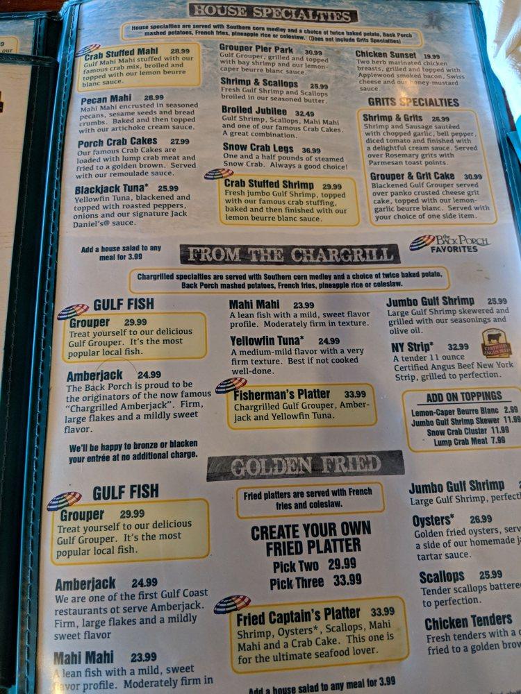 Menu at The Back Porch Seafood & Oyster House restaurant, Panama City ...