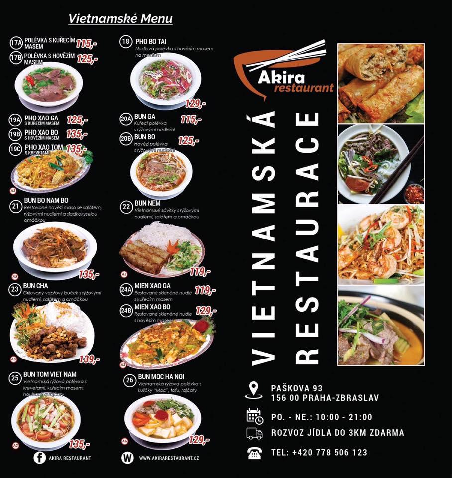 Menu at Akira Asian Cuisine restaurant, Prague