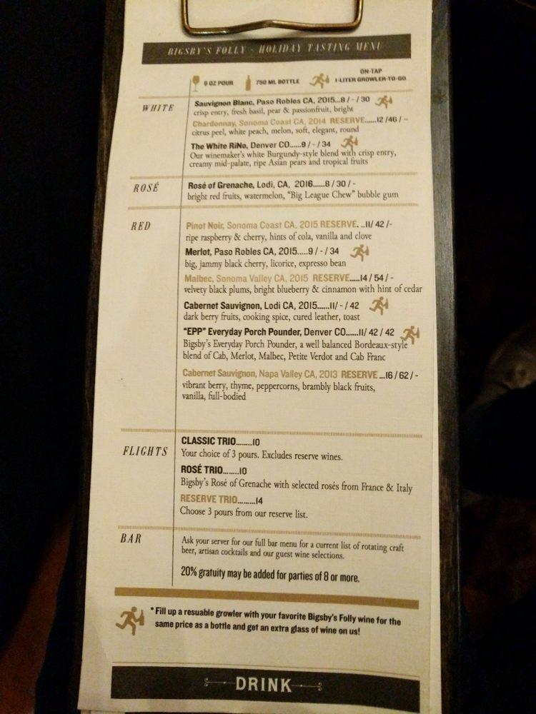 Menu at Bigsby's Folly Craft Winery & Restaurant, Denver