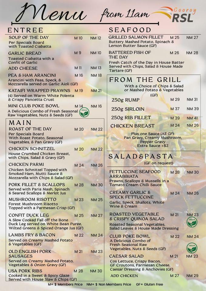 Menu at Cooroy RSL club, Cooroy