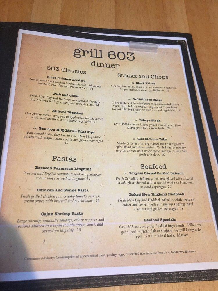 Menu at Grill 603 restaurant, Milford