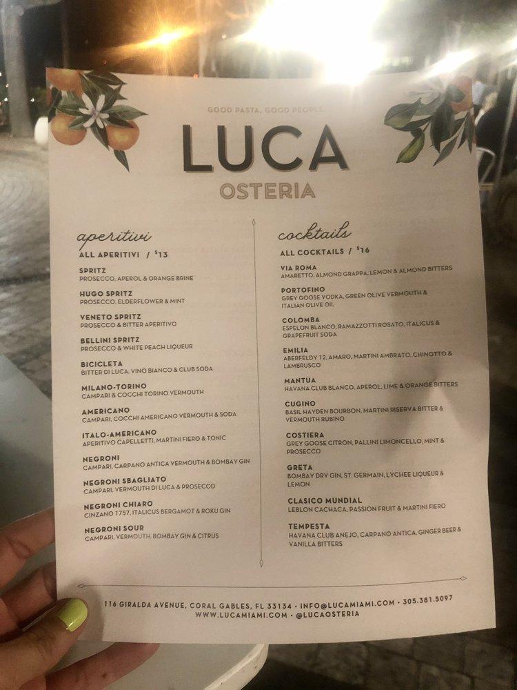 Menu at Luca Osteria restaurant, Coral Gables