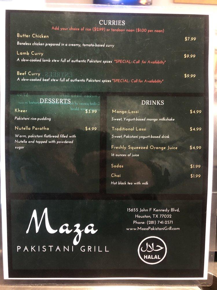Menu at Maza restaurant, Houston