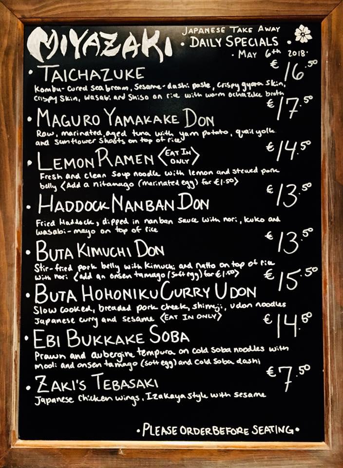 Menu at Miyazaki Japanese Take Away restaurant, Cork