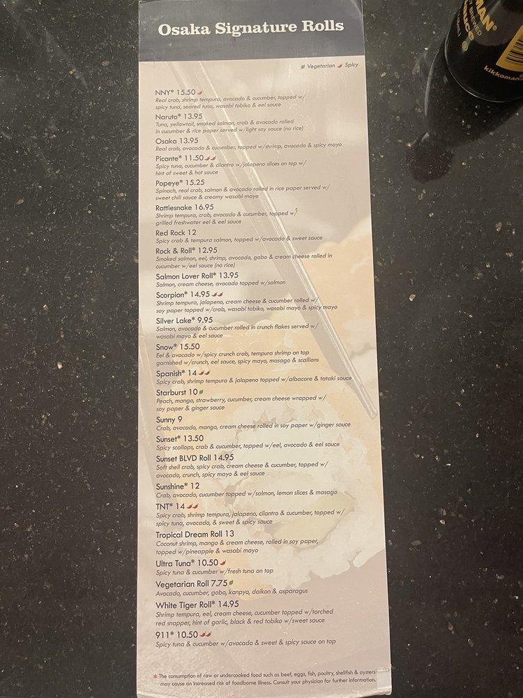 Menu at Osaka restaurant, Tooele