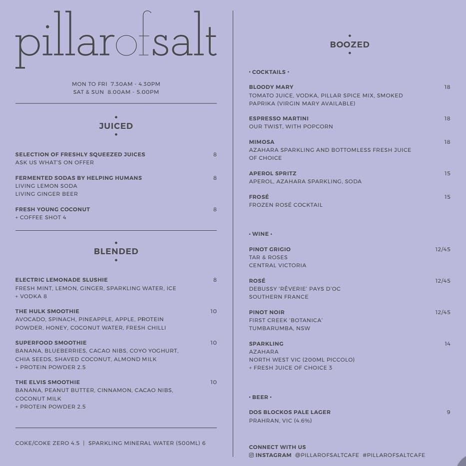 Menu at Pillar of Salt restaurant, Richmond