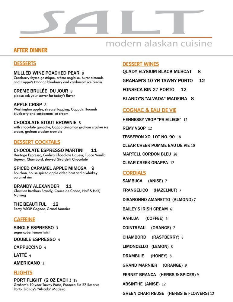 Menu at SALT steakhouse, Juneau