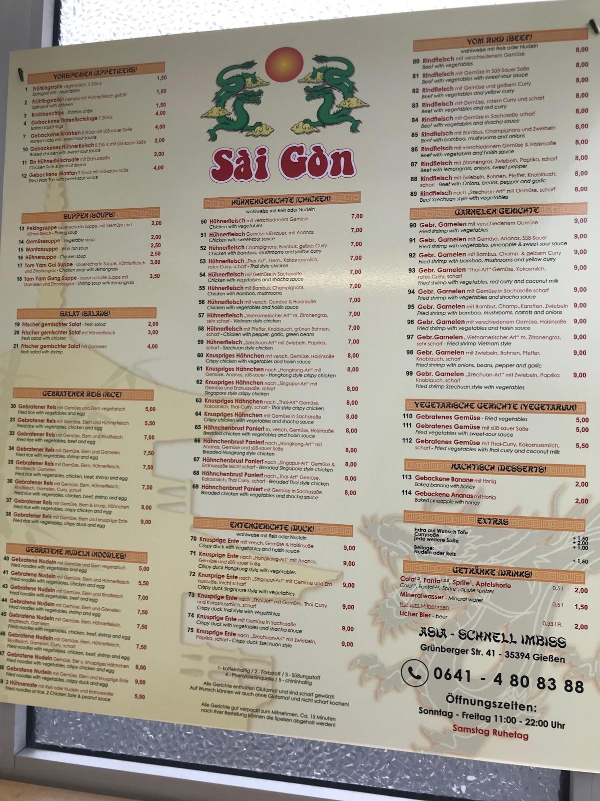 Speisekarte von Sai Gon Schnellimbiss restaurant, Gießen