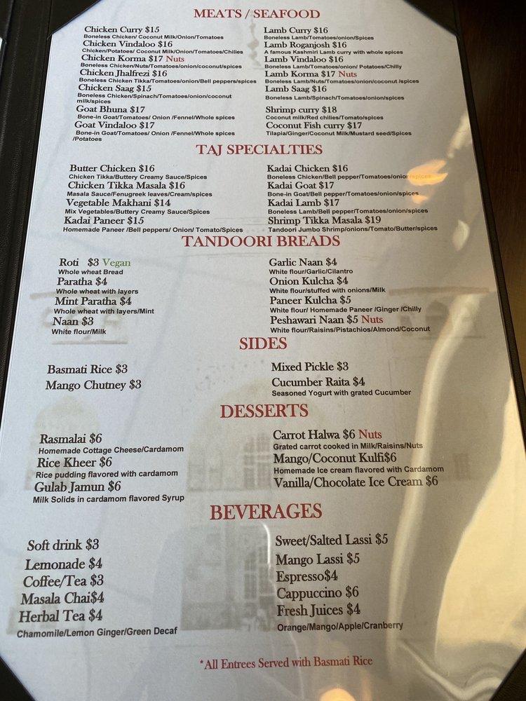 Menu at Taj Of India restaurant, Alexandria
