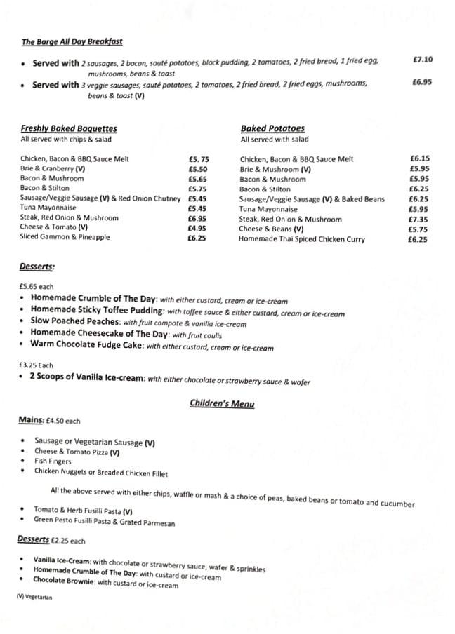 Menu at The Barge Restaurant, Gloucester