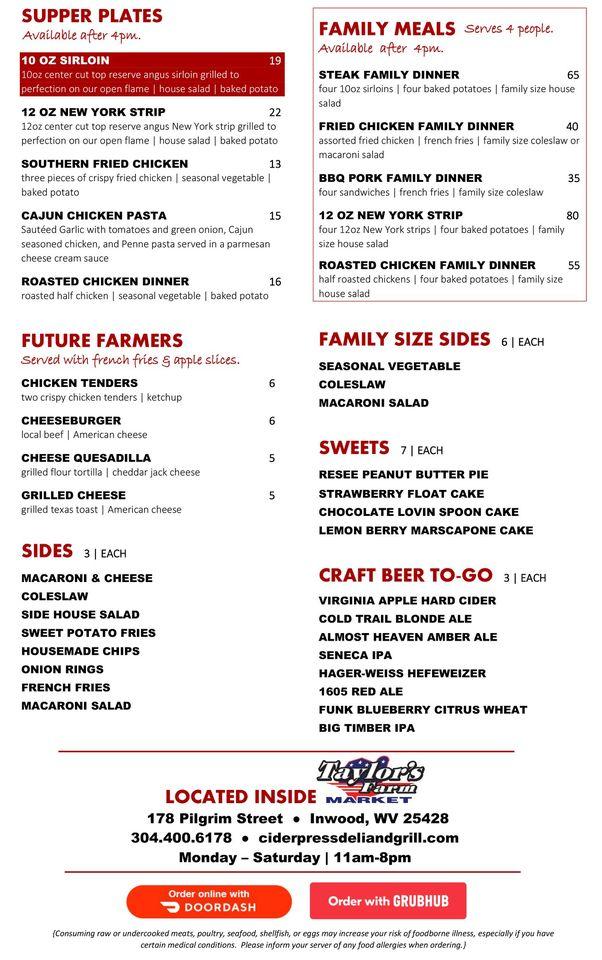 Menu at The Cider Press cafe, Inwood