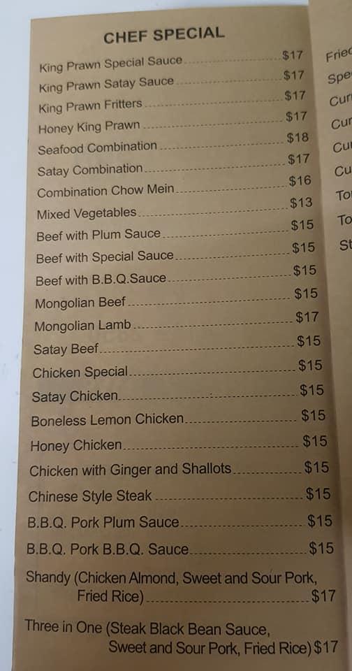 Menu at Albert Sun Chinese fast food, Kingaroy