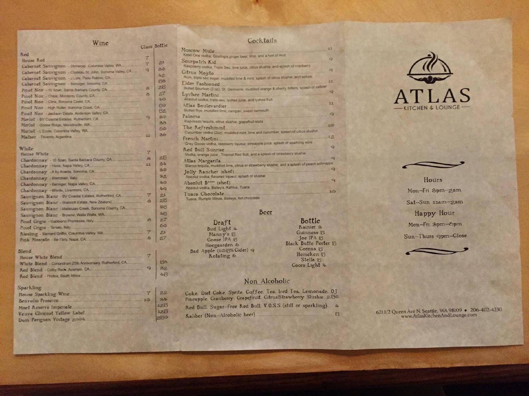 Menu at Atlas Sports & Spirits pub & bar, Seattle
