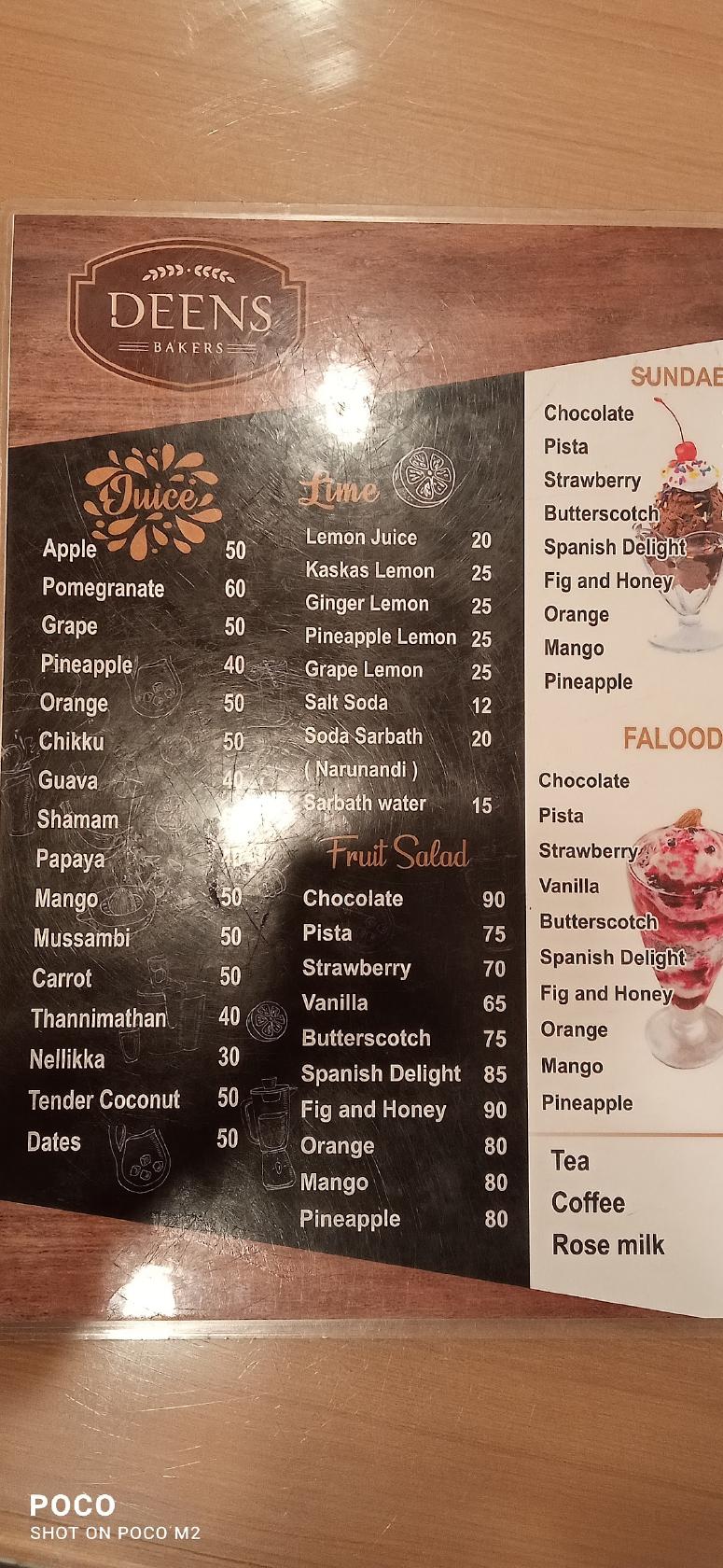 Menu at Deens Bakery & Coolbar, Irinjalakuda