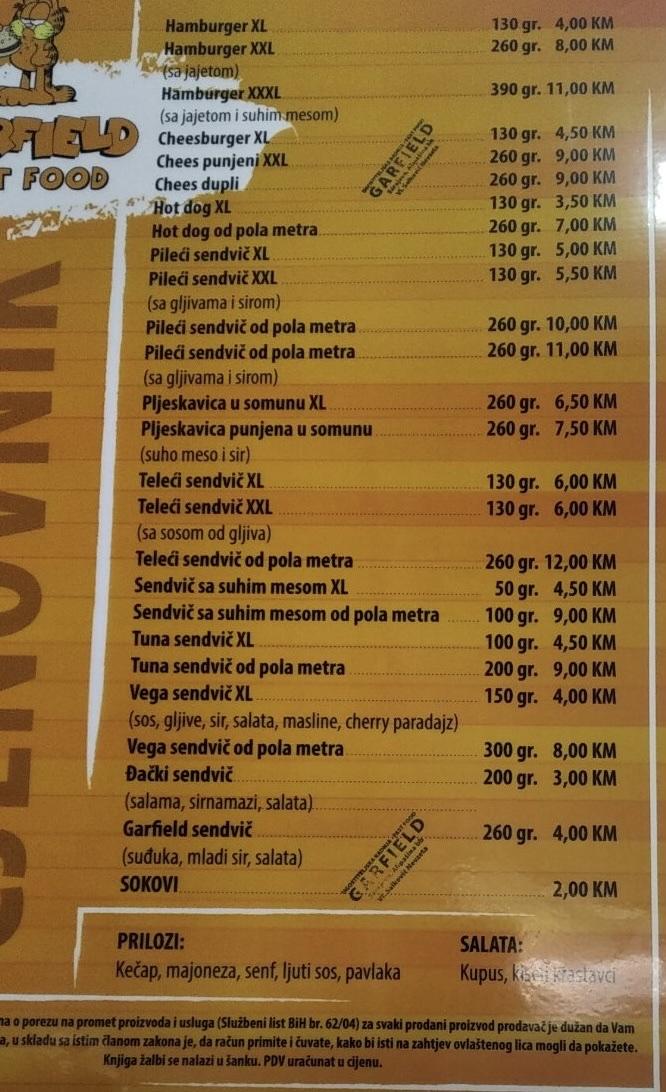 Speisekarte von Fast Food Garfield, Sarajevo, VC85+MQ7