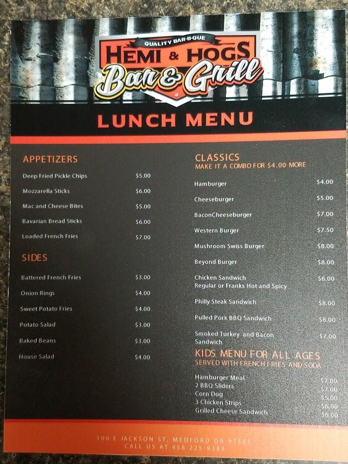 Menu at Hemi and Hogs Bar and Grill, Medford