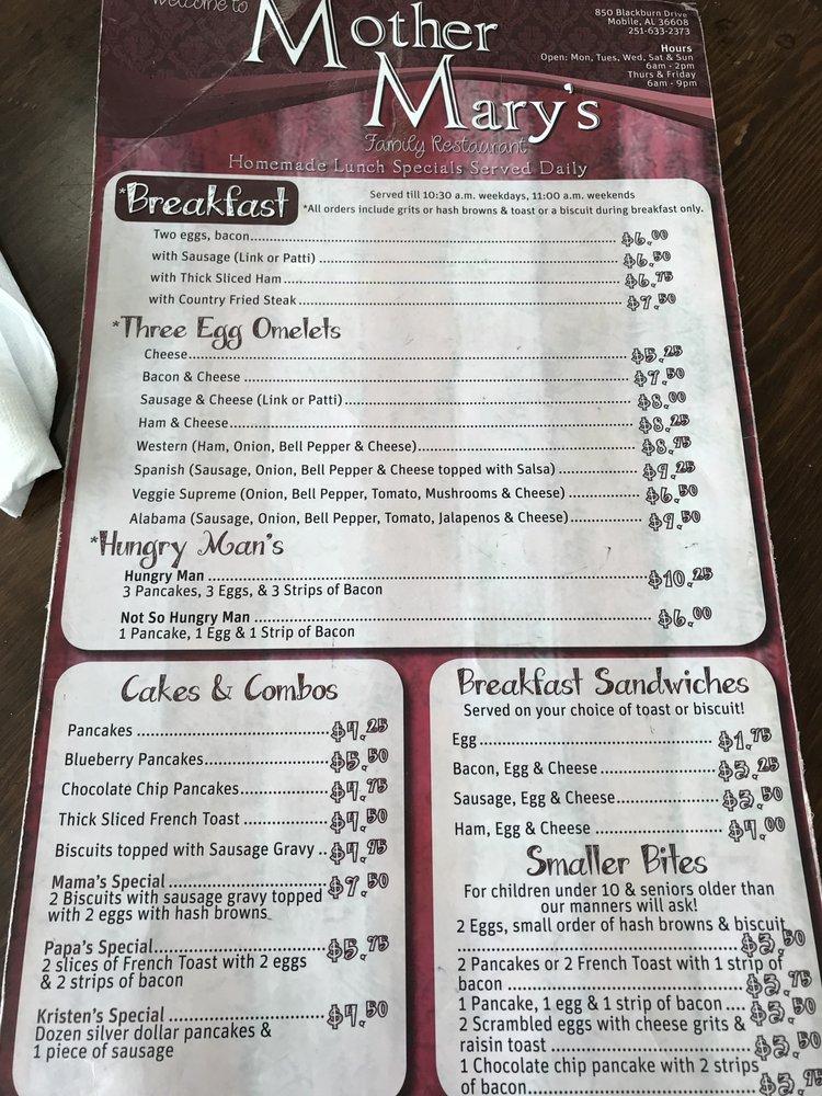 Menu at Mother Mary's Family Restaurant, Mobile