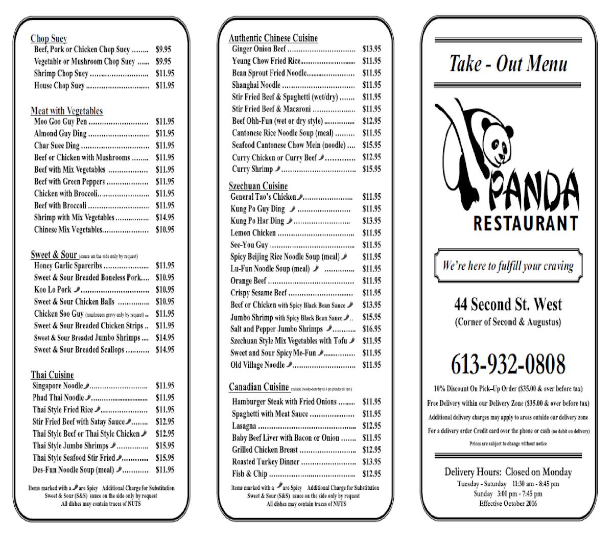 Menu at Panda restaurant, Cornwall