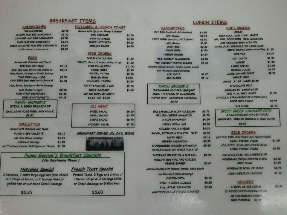 Menu at Papou George's Hot Dogs restaurant, Newport News
