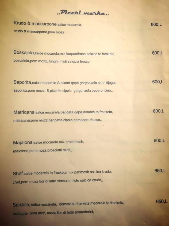 Menu at Piceri Marku Italiane restaurant, Lezhë District