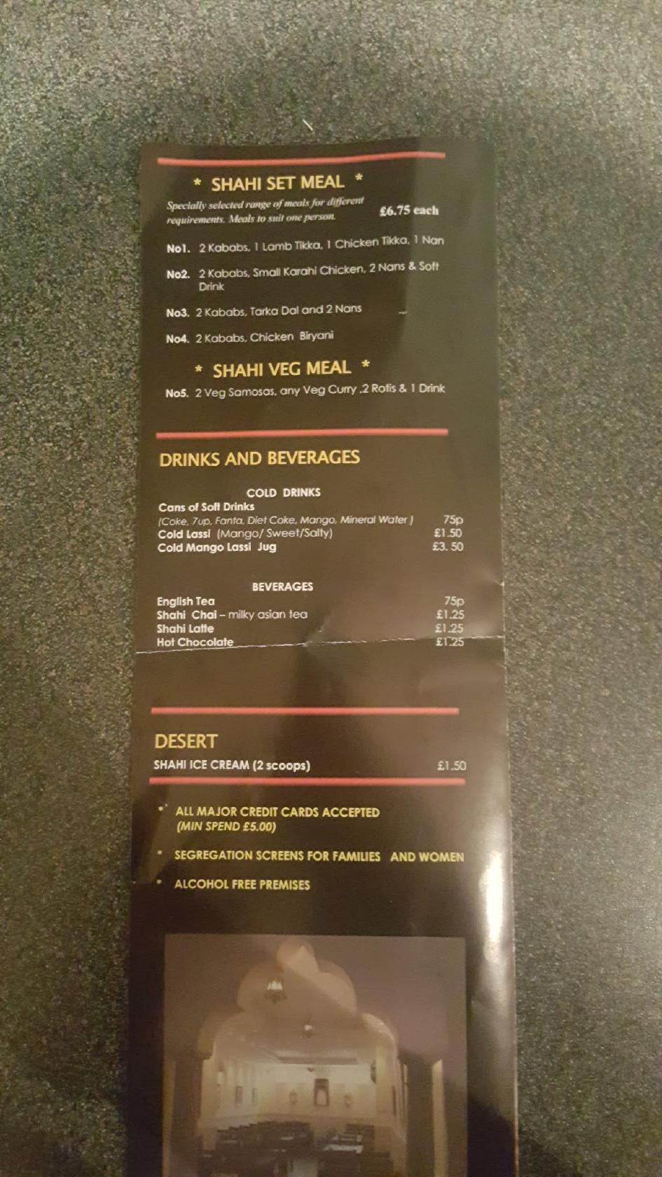 Menu at Shahi Nan Kebab fast food, Luton