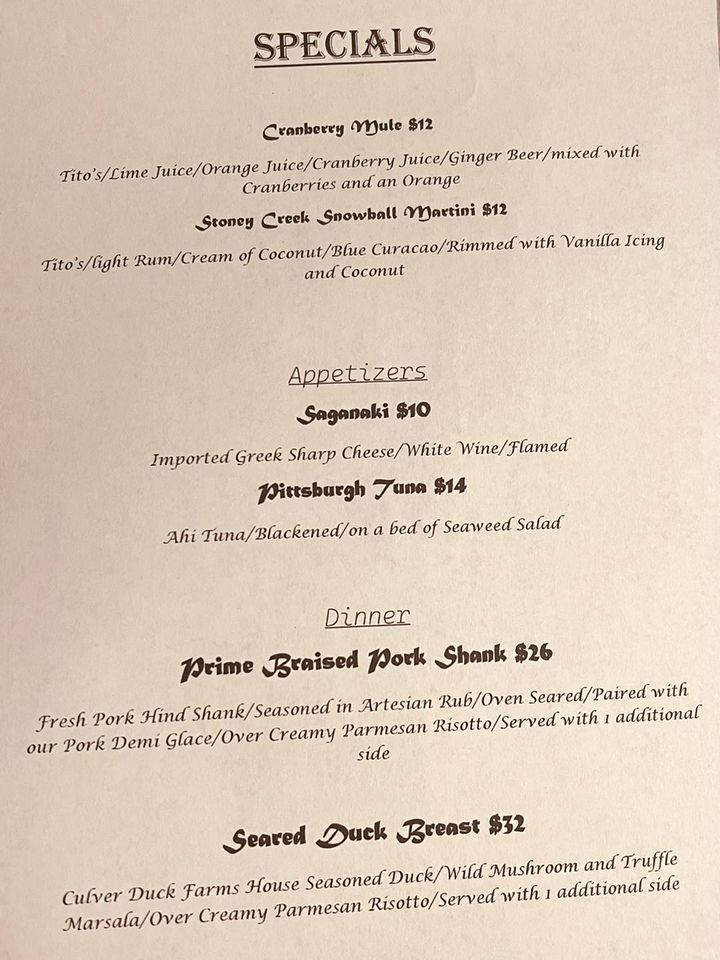 Menu at Stoney Creek Inn pub & bar, Dauphin