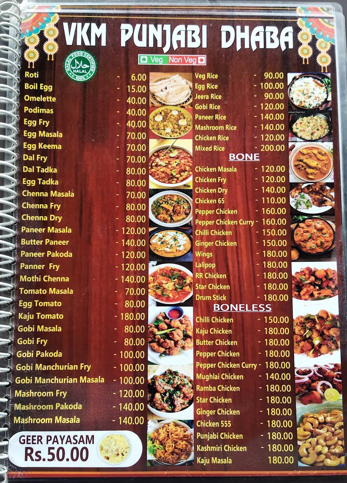 Menu at VKM PUNJABI DHABA, Pulicat