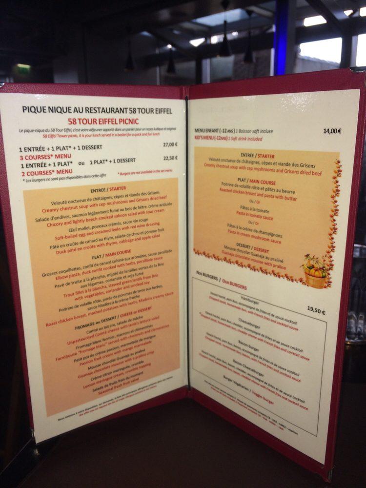 Menu at Madame Brasserie restaurant, Paris, Eiffel Tower